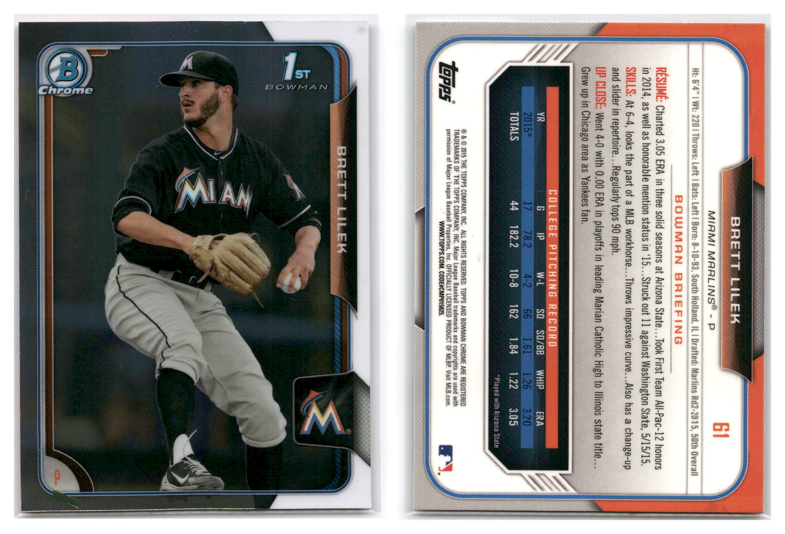 2015 Bowman Chrome Draft #61 Brett Lilek - Miami Marlins | eBay