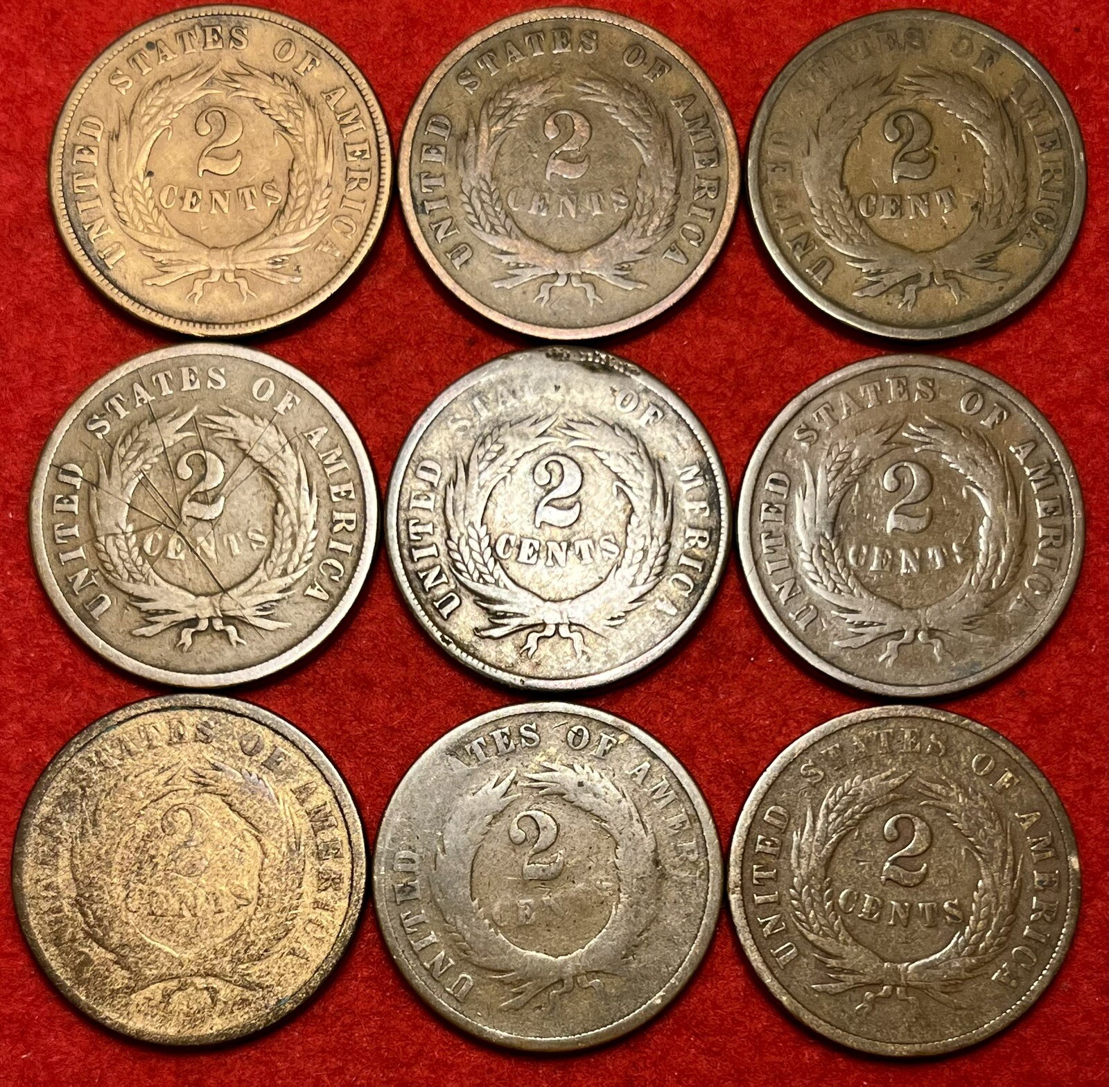 9-1864-1865-1866-1867-1868-2-cent-coin-lot-2c-us-antique-two-cents