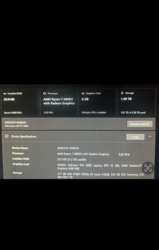 Alienware m15 R7 3060 Ryzen 7 6800H 32gb RAM NO ISSUES (with box and ...