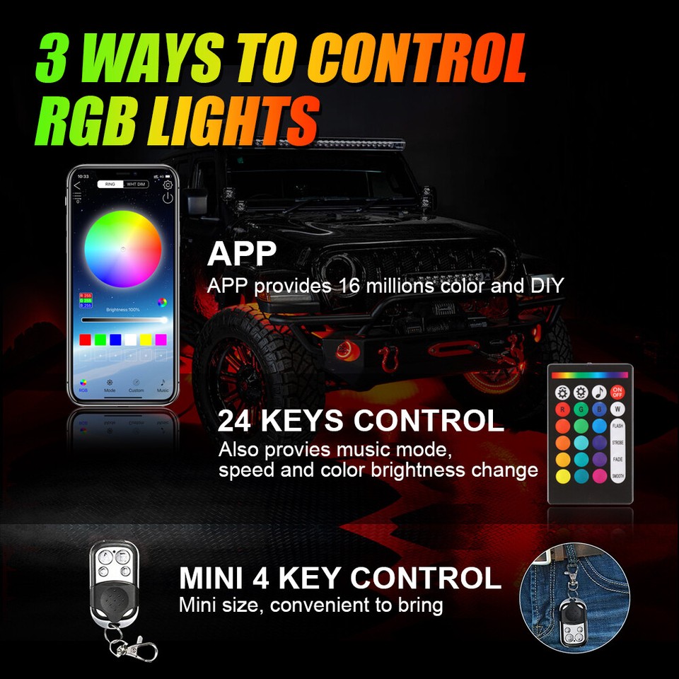 8 Pods RGB LED Rock Lights Underbody bluetooth Music Remote Control For ...