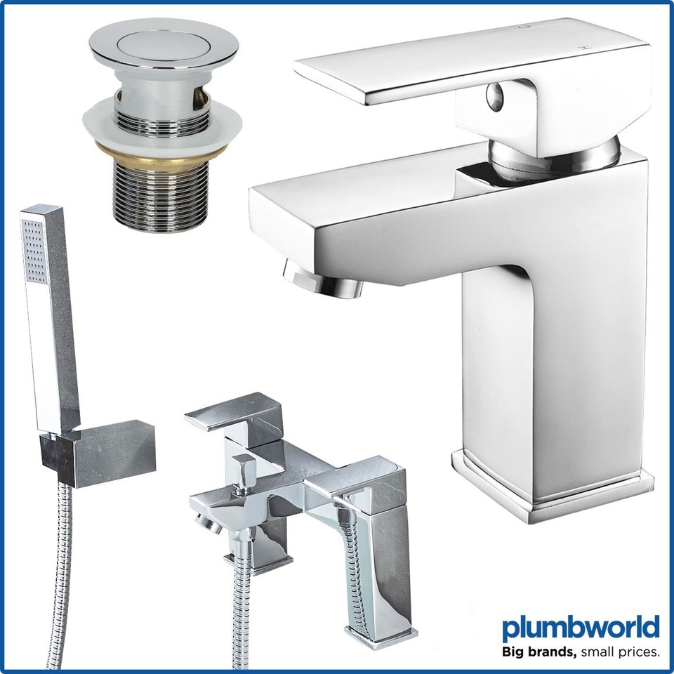 Modern Chrome Bathroom Square Tap Sets | Basin & Bath Taps with Shower ...