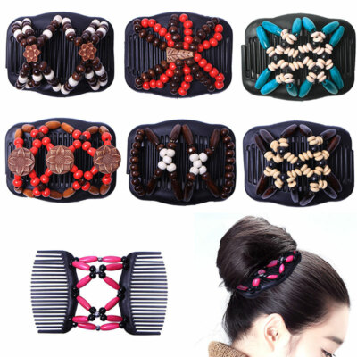 Women Magic Hair Comb Clip Double Slide Wood Beads Elastic Hairpin Hair ...