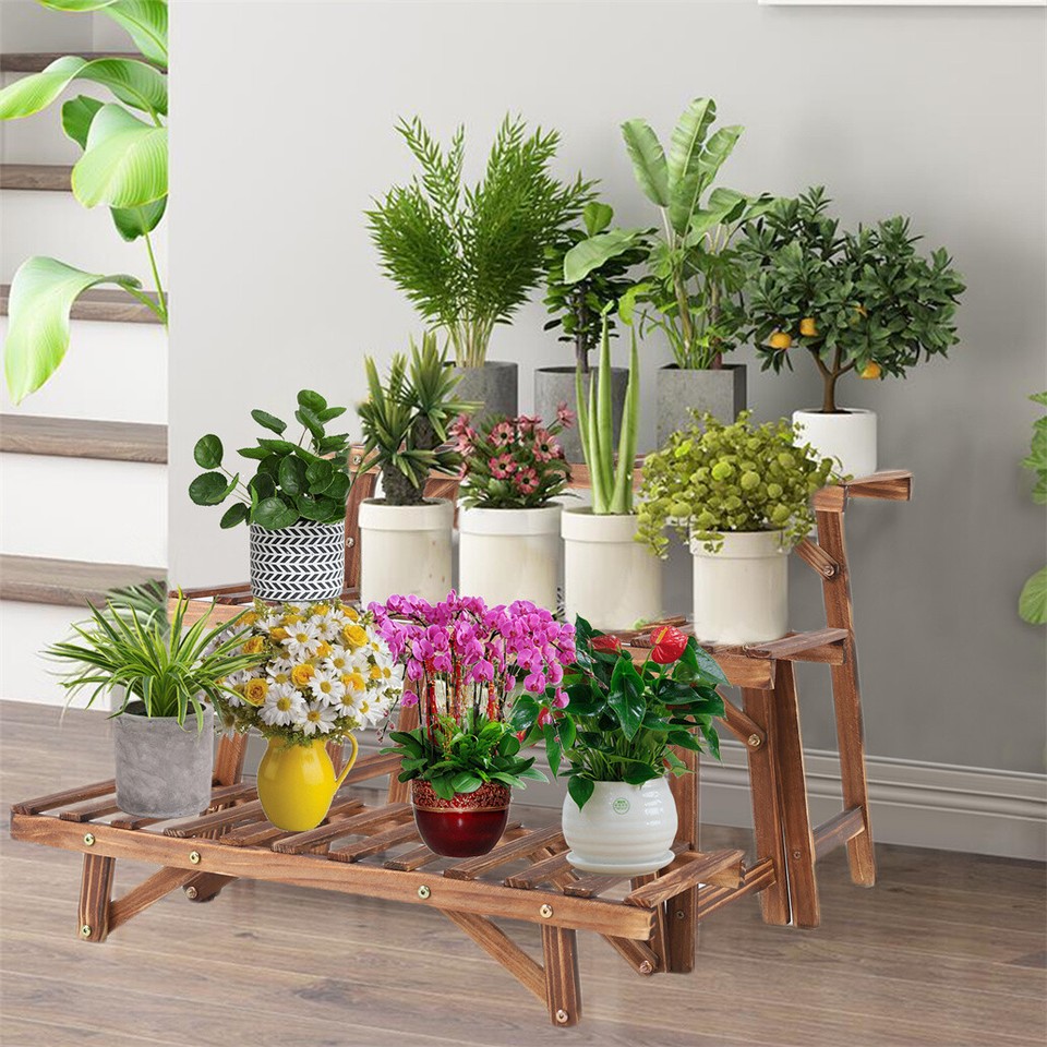 Large 3 Tier Step Plant Stand Wood Ladder Shelf Garden for Patio Indoor ...
