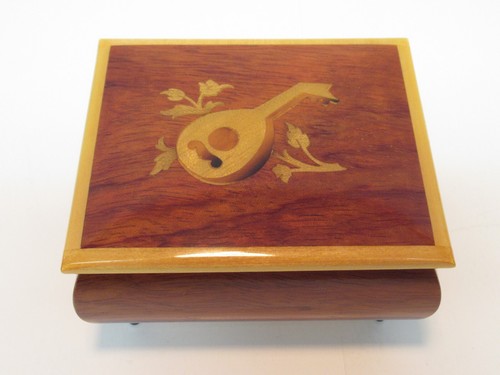 SWISS MUSICAL MOVEMENT BOX MADE IN ITALY WOODEN WITH GUITAR AND LEAF ...