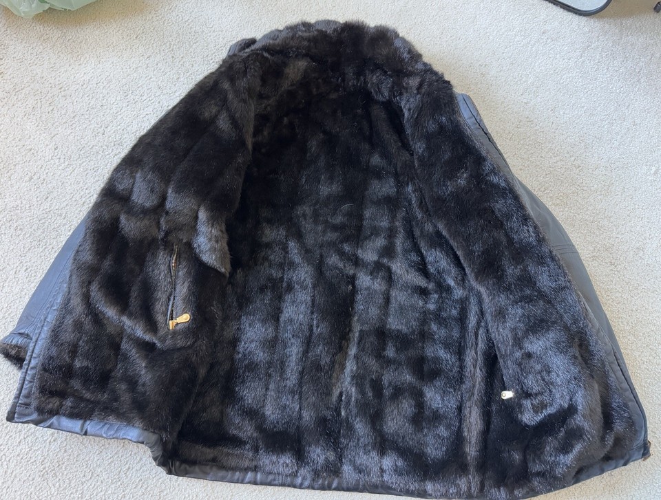Vintage COLEBROOK&CO. Faux Fur Black Leather Jacket Coat Pocket Zip Man ...