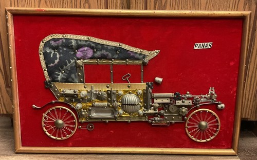 Vtg STEAMPUNK Brutalist Mixed Media Metal on Velvet Framed Car Retro ...