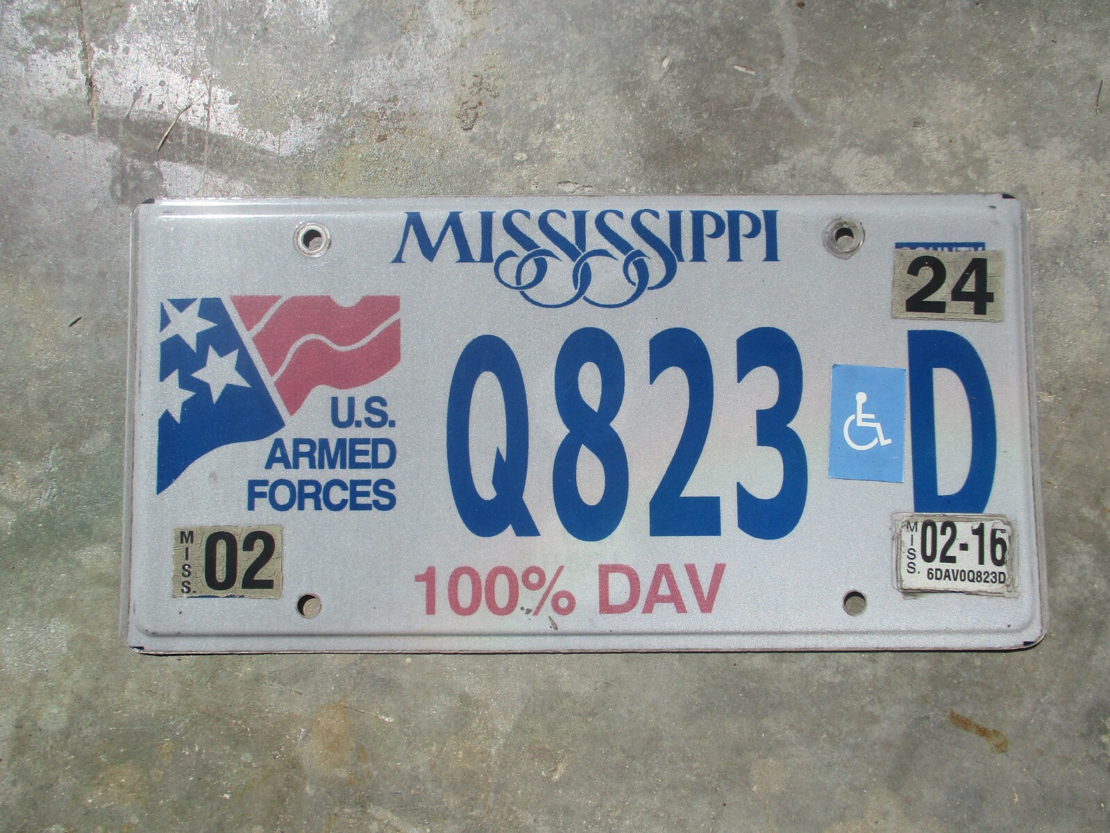 Mississippi 100% DAV U.S. Armed Forces license plate # Q823 | eBay