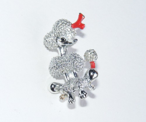 Pretty Vintage Silvertone & Red Enameled POODLE Dog Pin | eBay