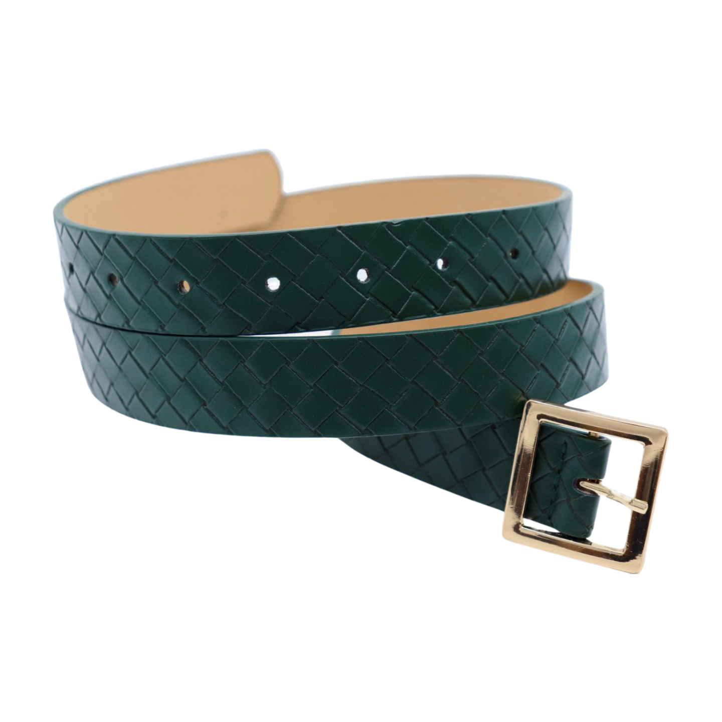 Women Green Basket Weave Skinny Classic Style Belt Gold Square Buckle ...
