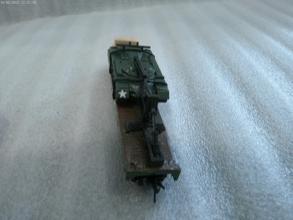 N Scale Military flatcar with bridge vehichle and gondola railcar with ...