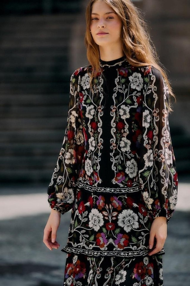NWT AUTH FARM Black Rococo Flowers Ruffled Maxi Dress EXTRA LARGE XL ...