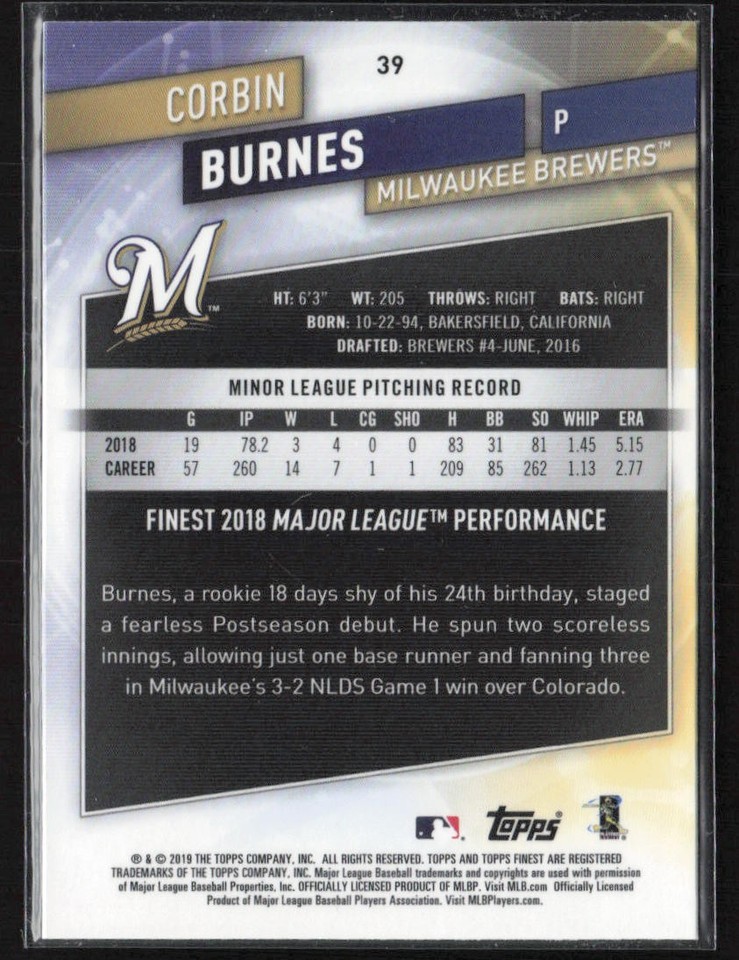 2019 Finest #39 Corbin Burnes Rookie Milwaukee Brewers | eBay