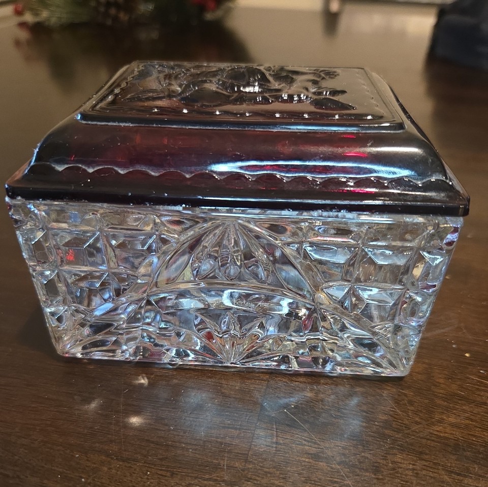 Vintage Anchor Hocking Cut Glass Jewelry Trinket Box Ruby Red Embossed ...