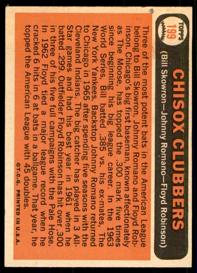 1966 TOPPS CHISOX CLUBBERS CHICAGO WHITE SOX #199 | eBay