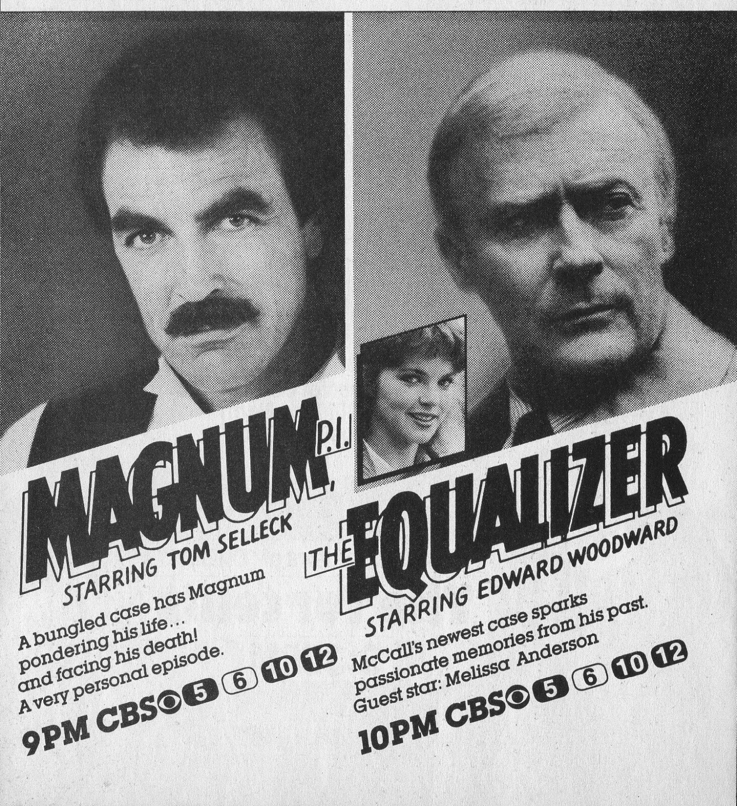 1987 CBS TV AD~THE EQUALIZER EDWARD WOODWARD~MAGNUM P.I. TOM SELLECK | eBay
