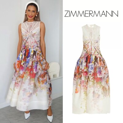 NWT $2,100 Zimmermann Prima Panelled Silk Linen Organza Floral Midi ...