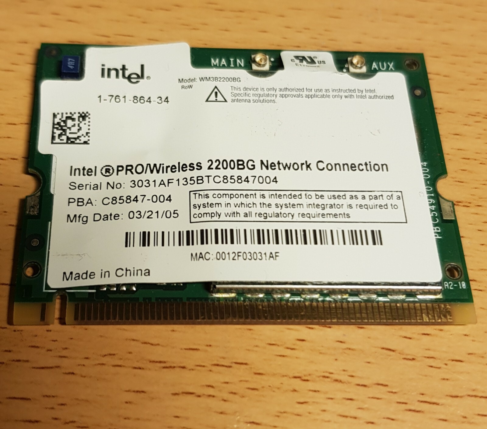 Intel Pro Wireless 2200BG Internal WIFI Wireless WLAN Card - 1-761-864 ...