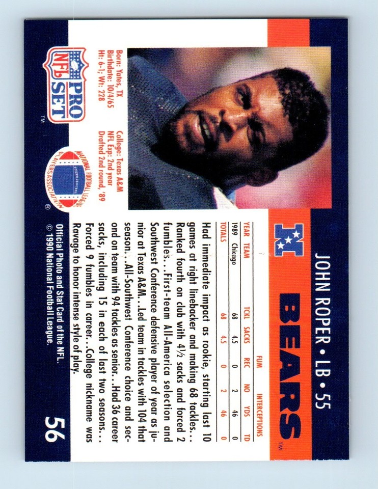 1990 Pro Set John Roper Rookie Chicago Bears #56 | eBay