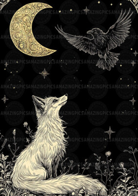 Mystical Raven Fox Lunar Occult Crow Esoteric Pagan Spiritual Bird Art ...
