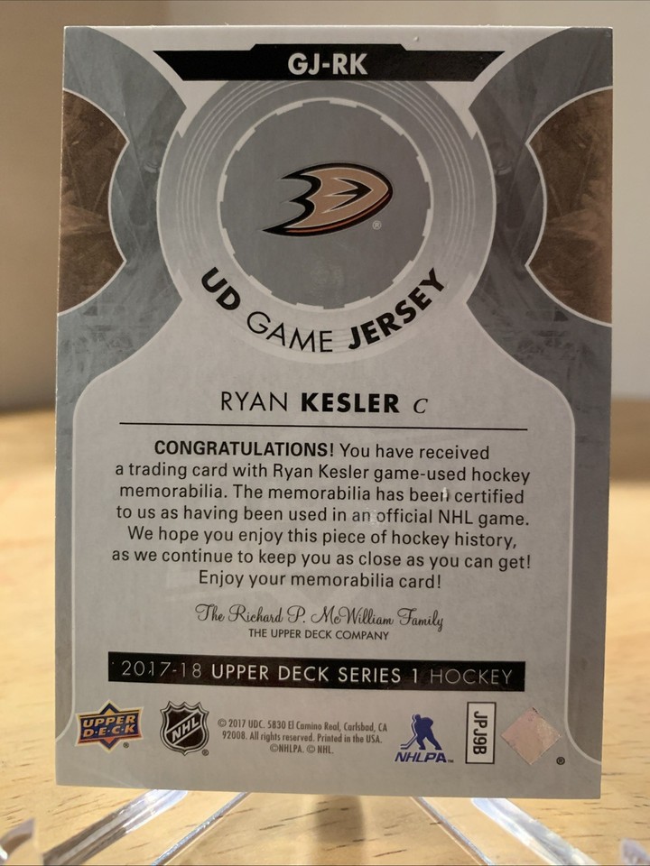 2017-18 Upper Deck - Ud Game Jersey Ryan Kesler #GJ-RK (MEM) | eBay