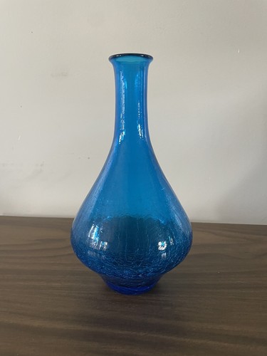 Vintage Mcm Blenko/pilgrim Handcrafted Blue Crackle Glass 10" Vase ...