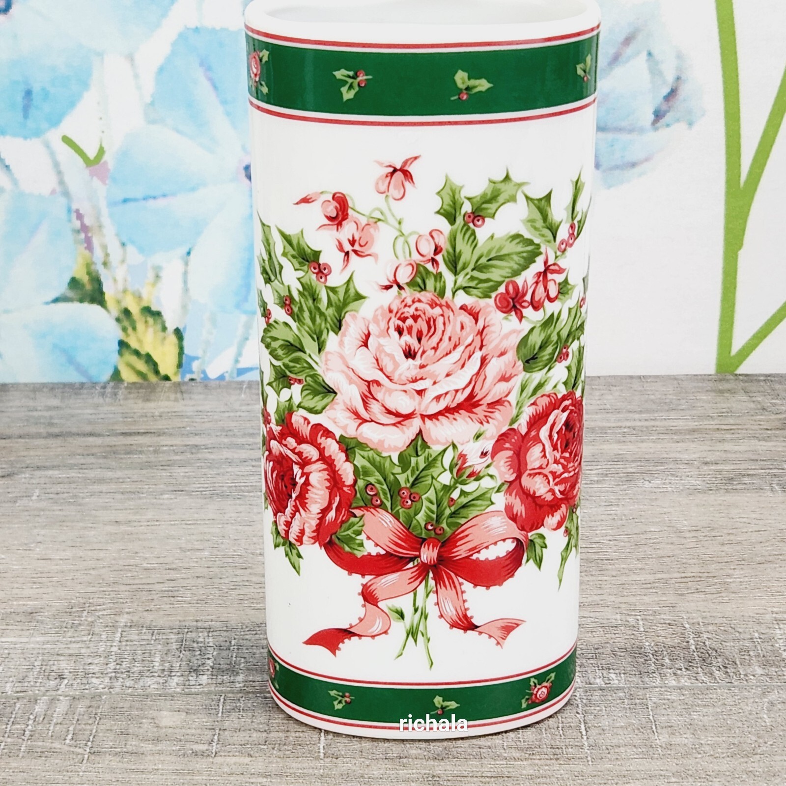 Lefton Christmas Rose Bud Vase 07678 Holly Bow Red Green White 1990 | eBay