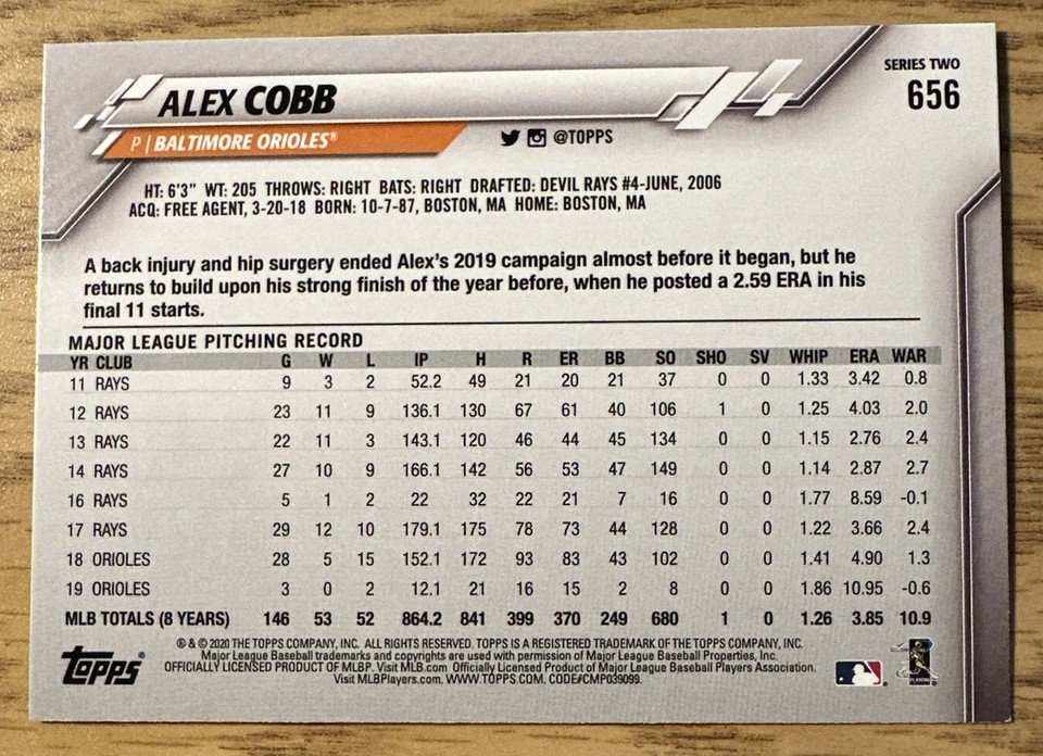 2020 Topps Series 2 ALEX COBB Rainbow Foil #656 BALTIMORE ORIOLES | eBay