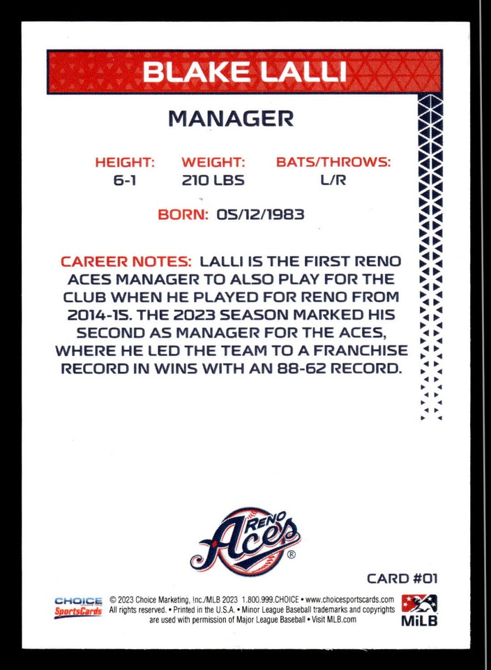 Blake Lalli 2023 Choice Reno Aces #01 Reno Aces | eBay