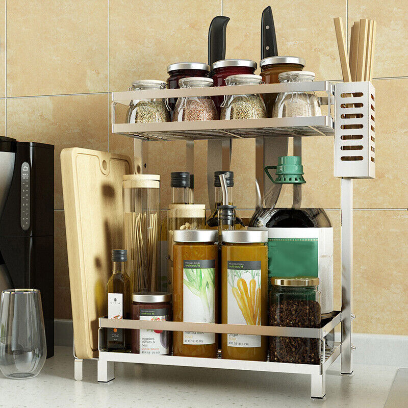 2 Tiers Stainless Steel Spice Rack Organizer Storage Kitchen Countertop ...