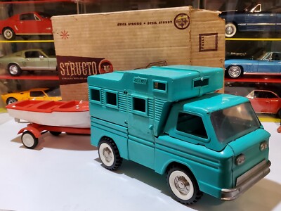 Vintage Structo Camper Truck & Boat w/ Trailer Pressed Steel Toy # 304 ...