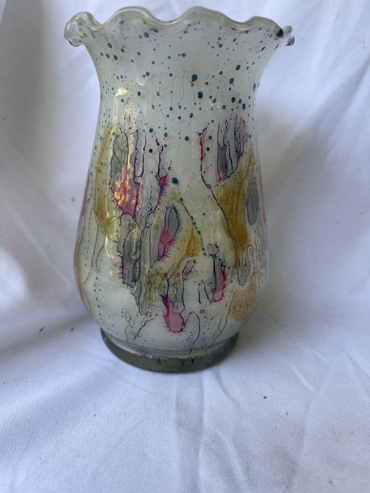 Vtg Hand Painted Art Glass 5 1/2” Vase Ruffle Top Simron, Made In ...
