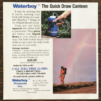 1986 Waterboy Monroe TX Quick Draw Canteen Print Ad Bacpacking Hiking ...