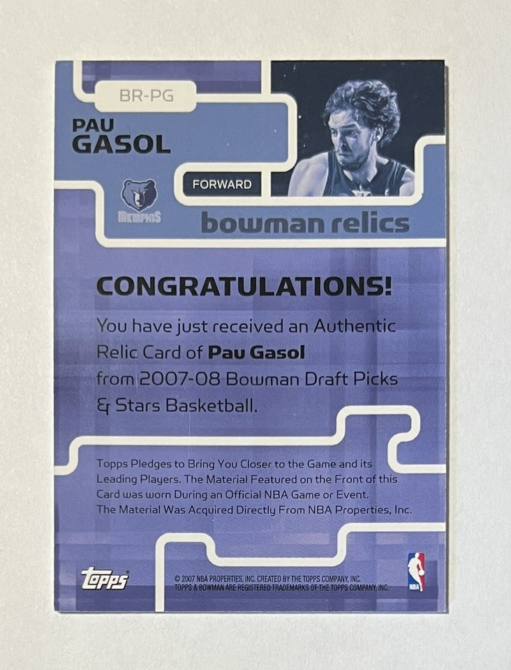 Pau Gasol 2007-08 Topps Bowman Draft Picks Stars RELICS Game Used ...