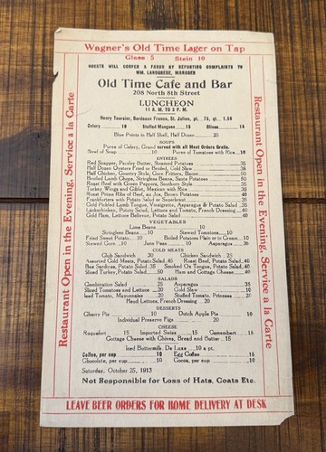 Antique Old Time Cafe and Bar Lunch Menu 8th Street St. Louis Scarce | eBay