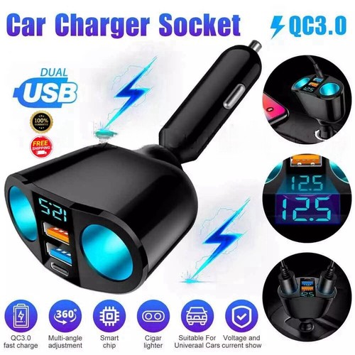 Car Cigarette Lighter Adapter 2 Way Double Plug Socket Charger Splitter ...