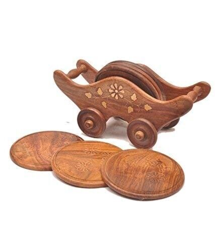 Wooden Handmade Trolley Shaped Brass Set of 6 with Decorative Holder ...