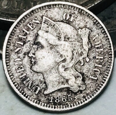 1865 Three Cent Nickel Piece 3C Circulated Civil War Date US Type Coin ...