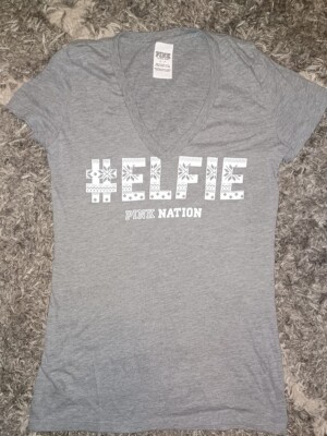 Victorias Secret PINK v neck T Shirt size Small grey elfie graphics ...