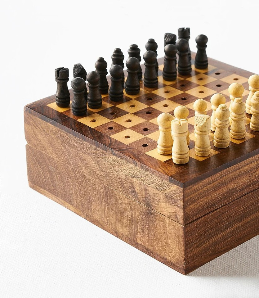 Pocket Wooden Mini Travel Chess Board Game Set Portable Peg Pieces Gift ...