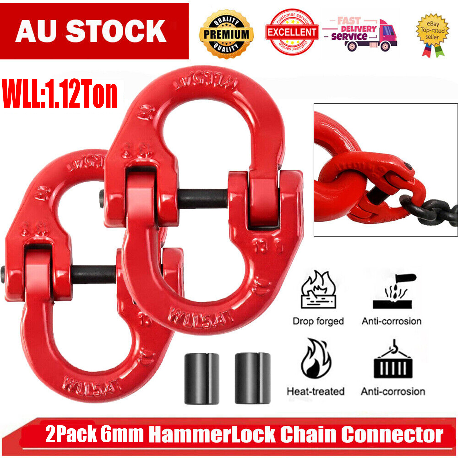 2X 6mm 8mm 10mm Grade 80 HammerLock Chain Connector Link 4X4 Joiner 4WD ...