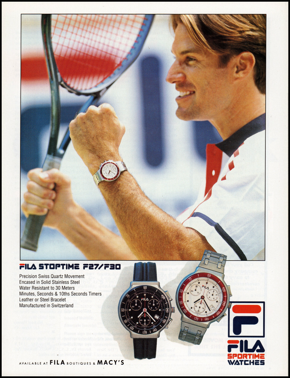 1994 Fila Sportime Watches male tennis player retro photo print ad ...