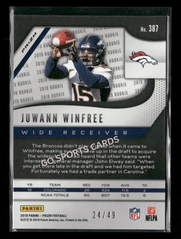2019 Panini Prizm Rookies Purple Power Prizm /49 Juwann Winfree #387 RC ...