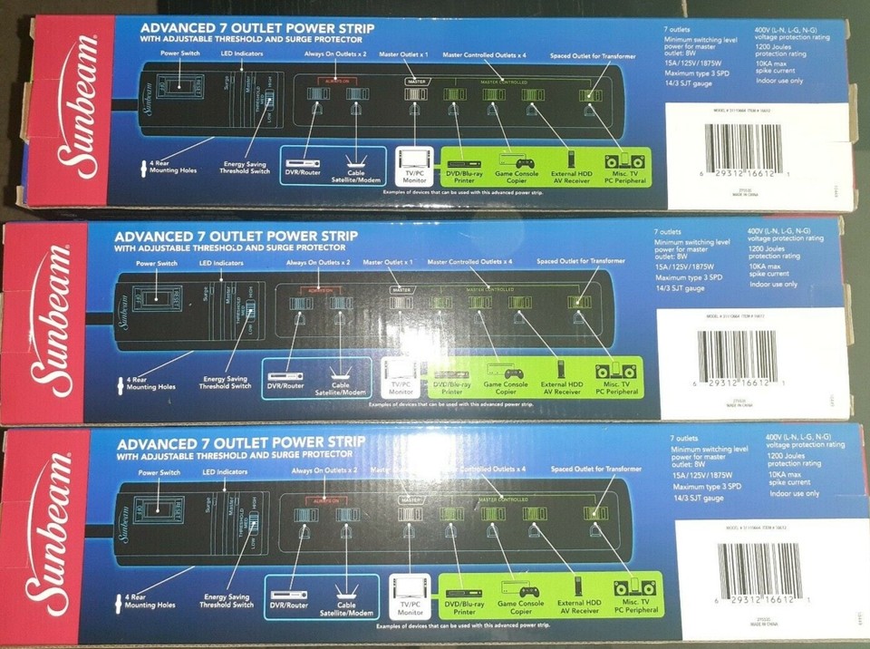 3 NEW Sunbeam Advanced 7 Outlet Power Strip Surge Protector with Master ...