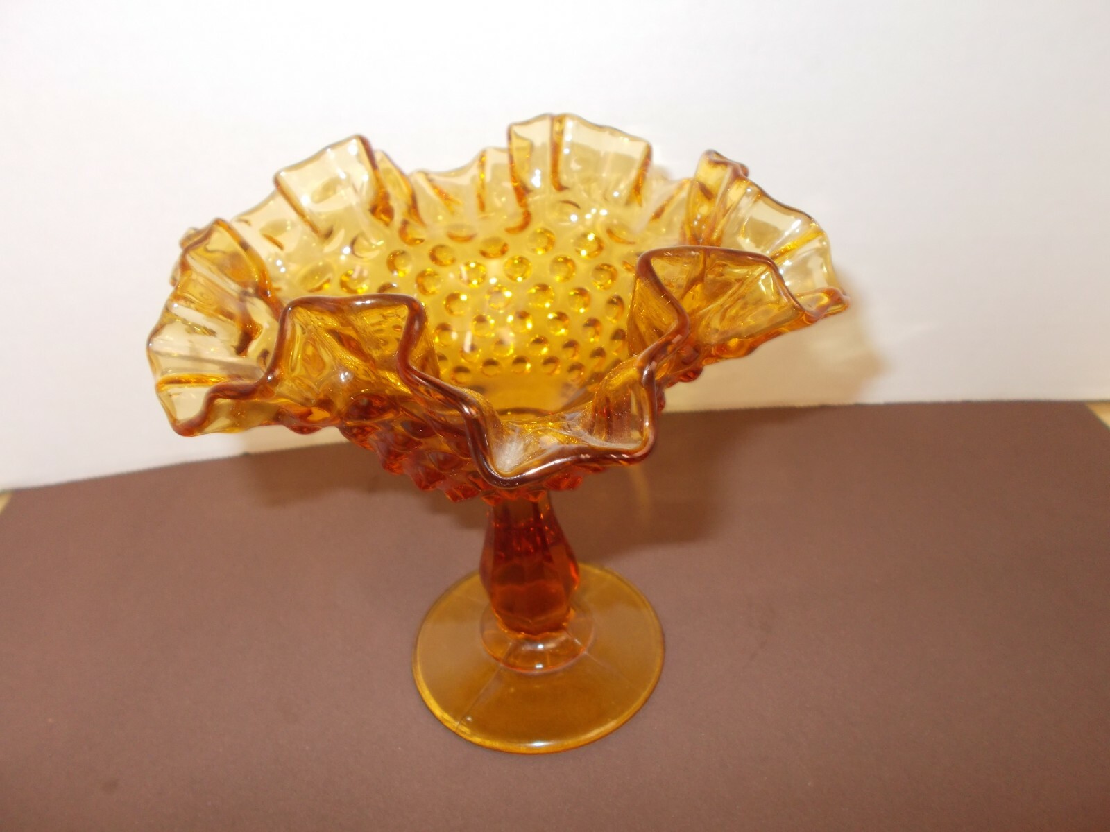 VINTAGE ANTIQUE FENTON HOBNAIL PEDESTAL RUFFLED AMBER CANDY DISH WITH ...