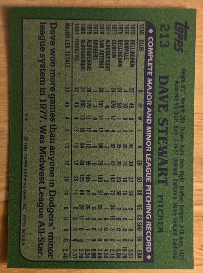 1982 Topps Dave Stewart Baseball Rookie Card (RC) #213 Dodgers HOF ...