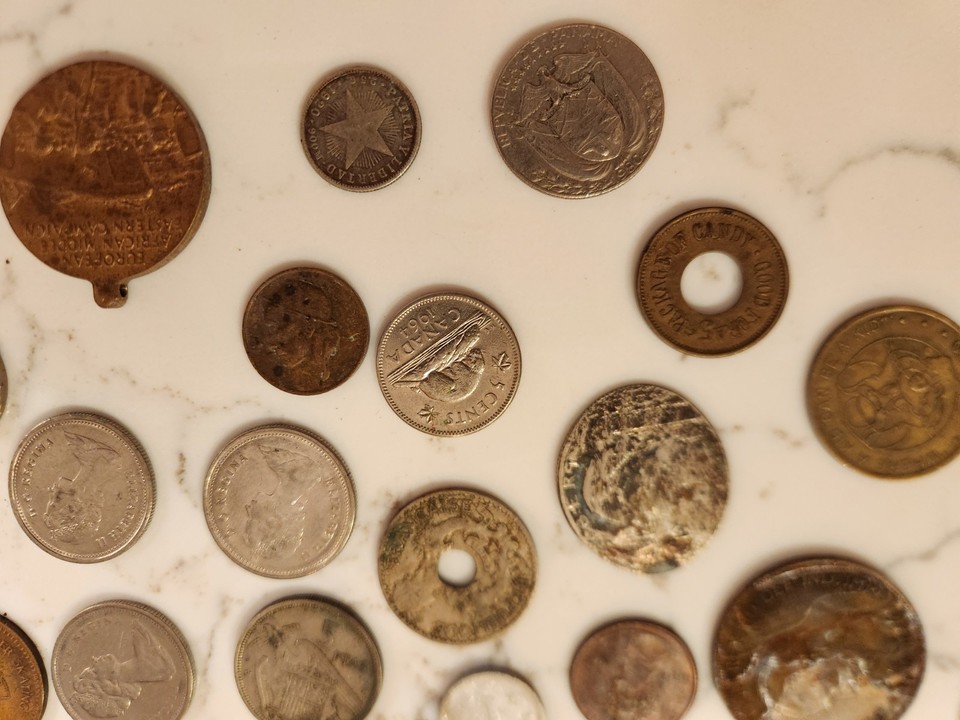 Vintage Junk Drawer Lot Coins Pennies Marbles Watch Patches Military ...