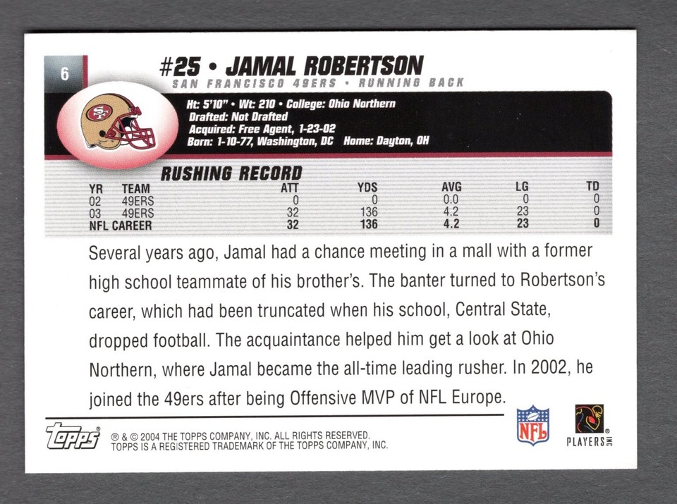 2004 TOPPS 1ST EDITION JAMAL ROBERTSON CARD #6 **NM-MT** SAN FRANCISCO ...