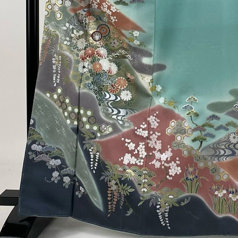 Japanese Silk Houmongi Kimono M 166.5cm Blue-green Grass and flowers ...