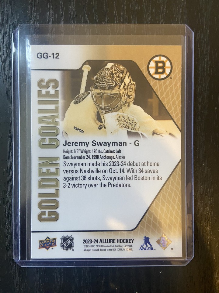 2023-24 UD Upper Deck Allure Golden Goalies #GG-12 Jeremy Swayman ...