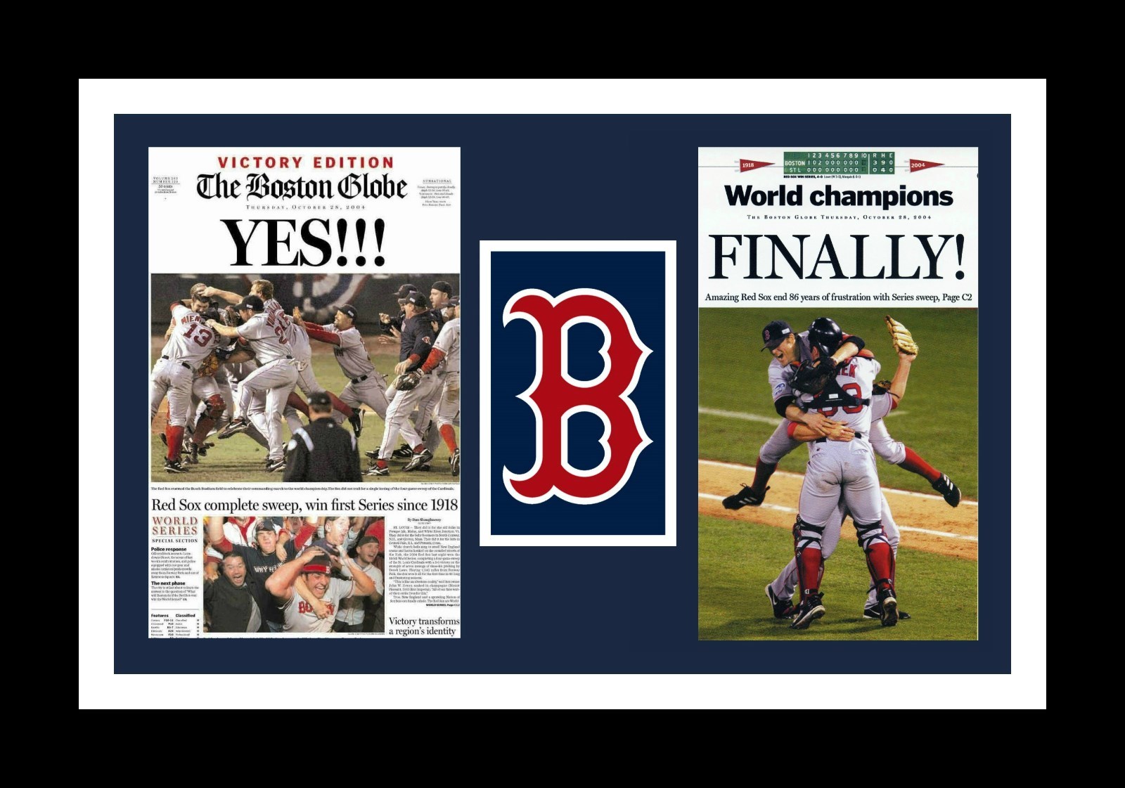 BOSTON RED SOX WIN 2004 WORLD SERIES MATTED PHOTO OF NEWSPAPER FRONT ...